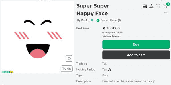 Buy Item Super Super Happy Face SSHF - Limited U Face Roblox 2592589 ...