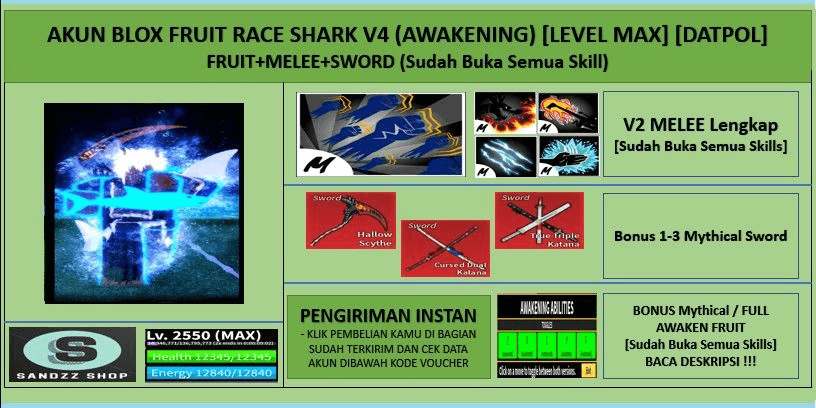 Beli Akun Akun Blox Fruit Race Shark V4 (Awakening) [Level MAX][Melee ...