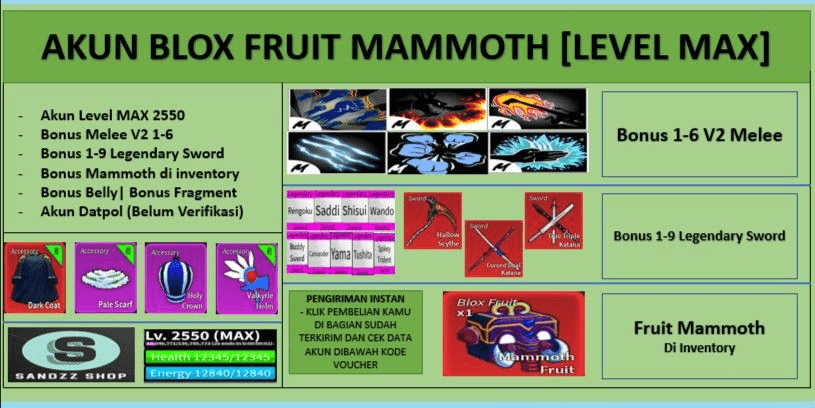 Beli Akun Akun Blox Fruit MAMMOTH [Level MAX] Blox Fruits Terlengkap ...