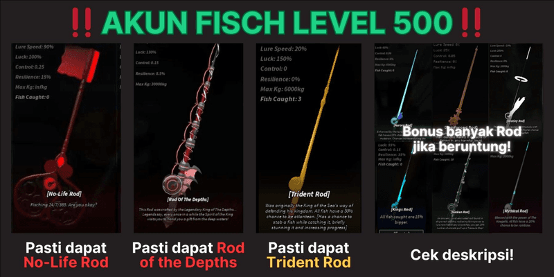 Beli Akun Akun Fisch Level 500 + No-Life Rod + Rod of the Depths + Trident Rod Fisch Terlengkap ...