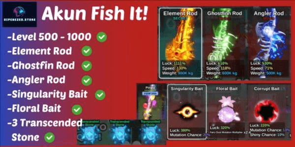 Beli Akun AKUN FISH IT! Element Rod + Ghostfin Rod + Angler Rod ...