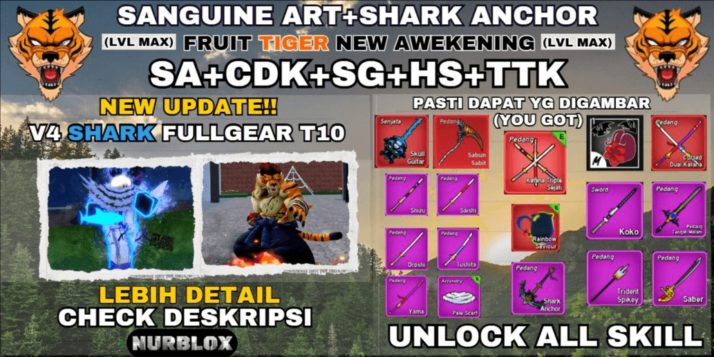 Beli Akun Akun Blox Fruit V4 SHARK FULLGEART10 (Awekening) - FRUIT ...