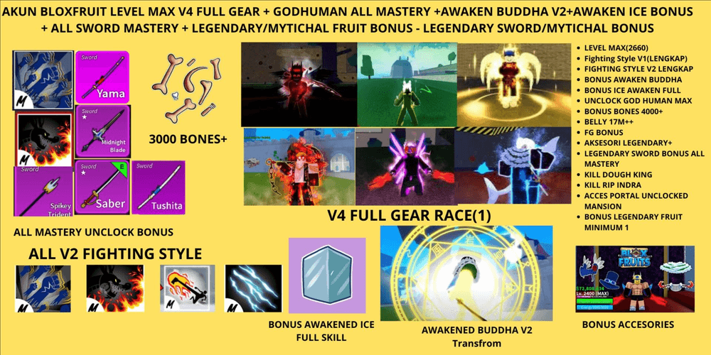 Buy Account AKUN BLOX FRUIT MAX - V4 FULL GEAR - GODHUMAN ALLMASTERY ...