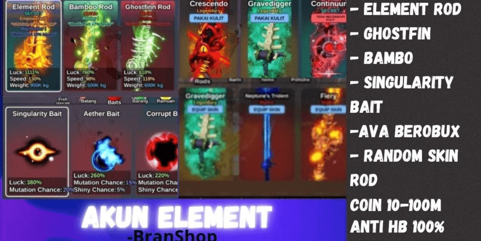 Beli Akun AKUN ELEMENT ROD RATA KANAN + SKIN + BONUS! | FISH IT Fish It! Terlengkap dan Termurah ...