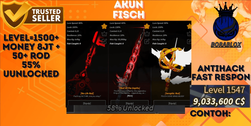 Buy Account Akun/Account Fisch DEWA level 1500+ ROD 50+ -Rod Of The ...