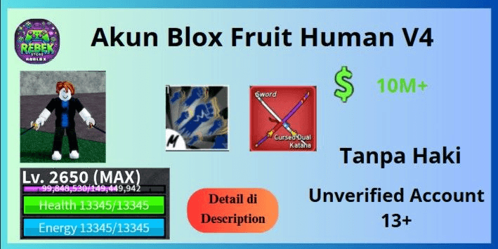 Beli Akun Akun Max Level (2650) Race Human V4 T10, God Human, CDK | Blox Fruit Blox Fruits ...
