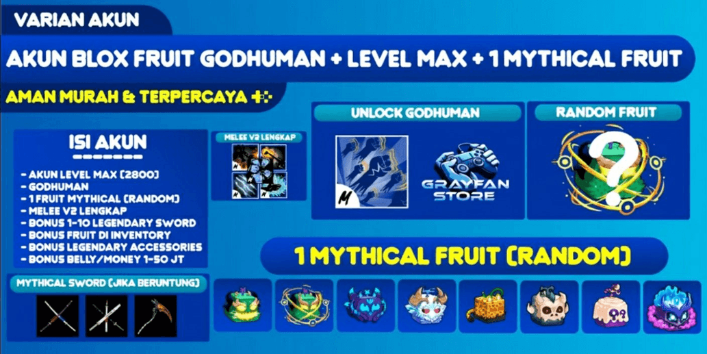 Beli Akun Akun Blox Fruit [GODHUMAN] LEVEL MAX + 1 Mythical Fruit ...