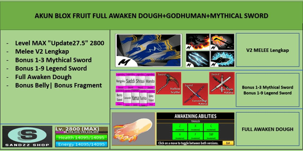Beli Akun Akun Blox Fruit FULL AWAKEN DOUGH+GODHUMAN+MYTHICAL SWORD ...